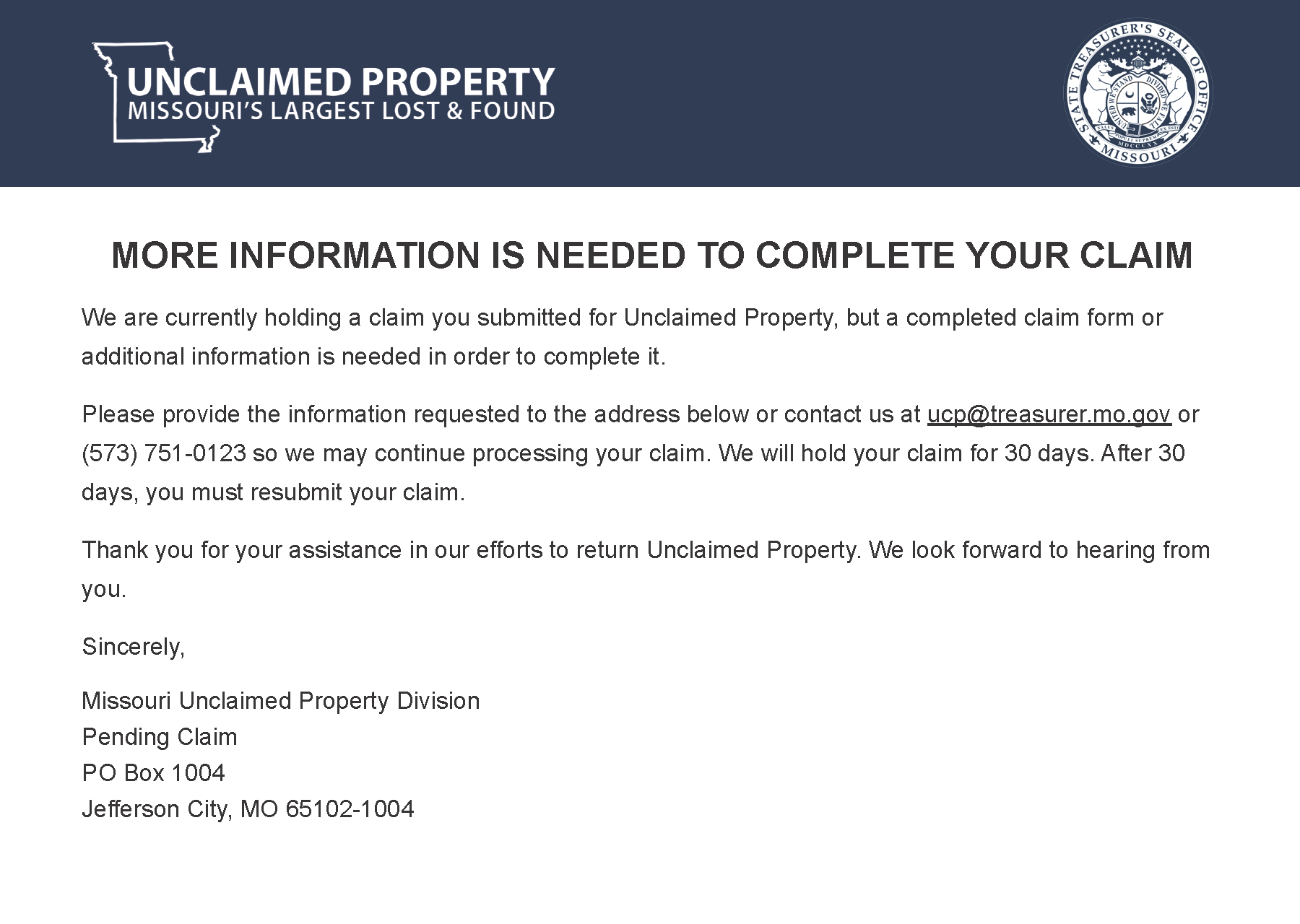 Missouri State Treasurer - Unclaimed Property Postcard Recipients